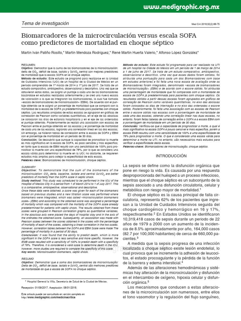 Biomarcadores de La Microcirculación Versus Escala SOFA Como ...