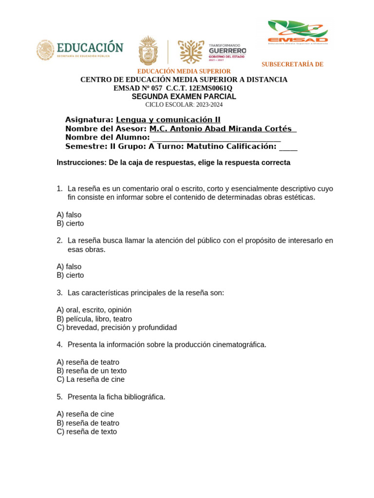 Primer Examen Parcial de Lengua y Comunicacion Ii | PDF