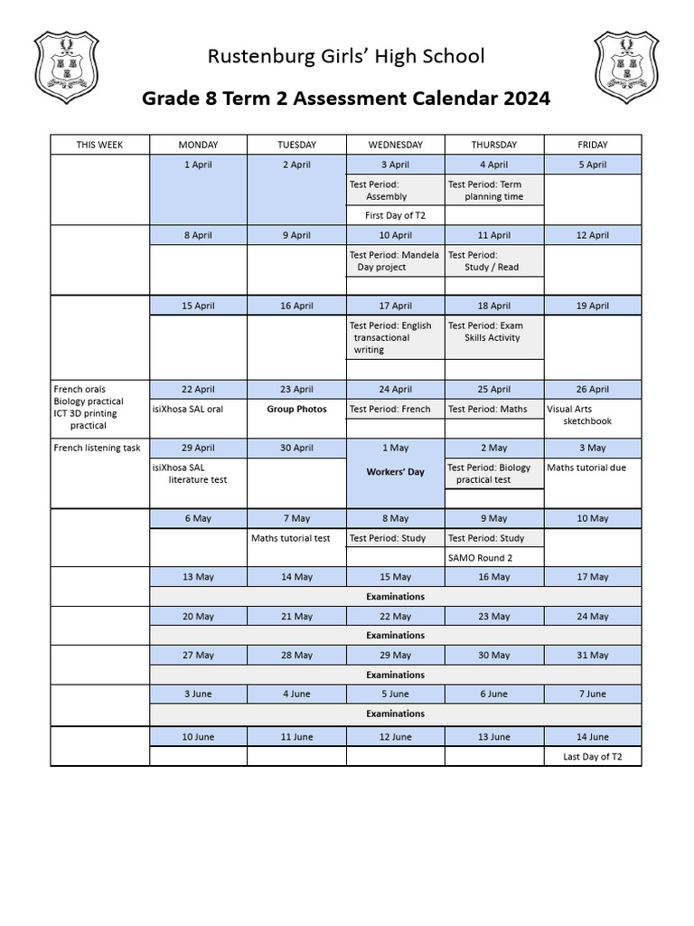 Term 2 2024 RGHS Assessment Calendars | PDF