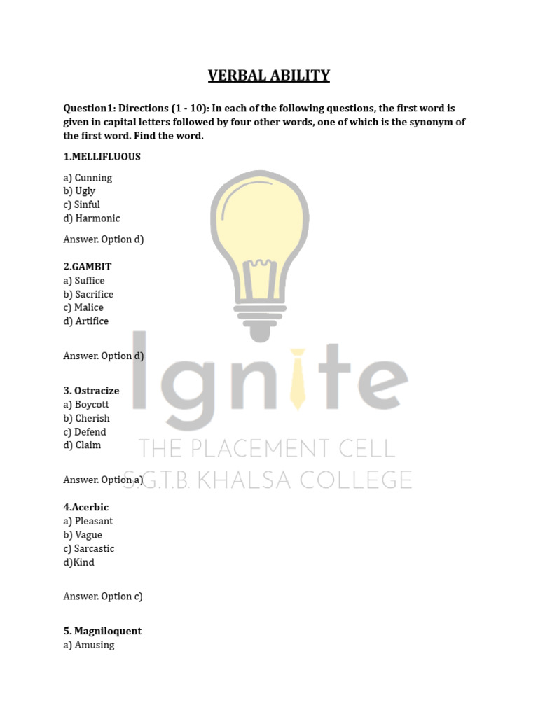 Verbal Ability Prep Material - Ignite | PDF