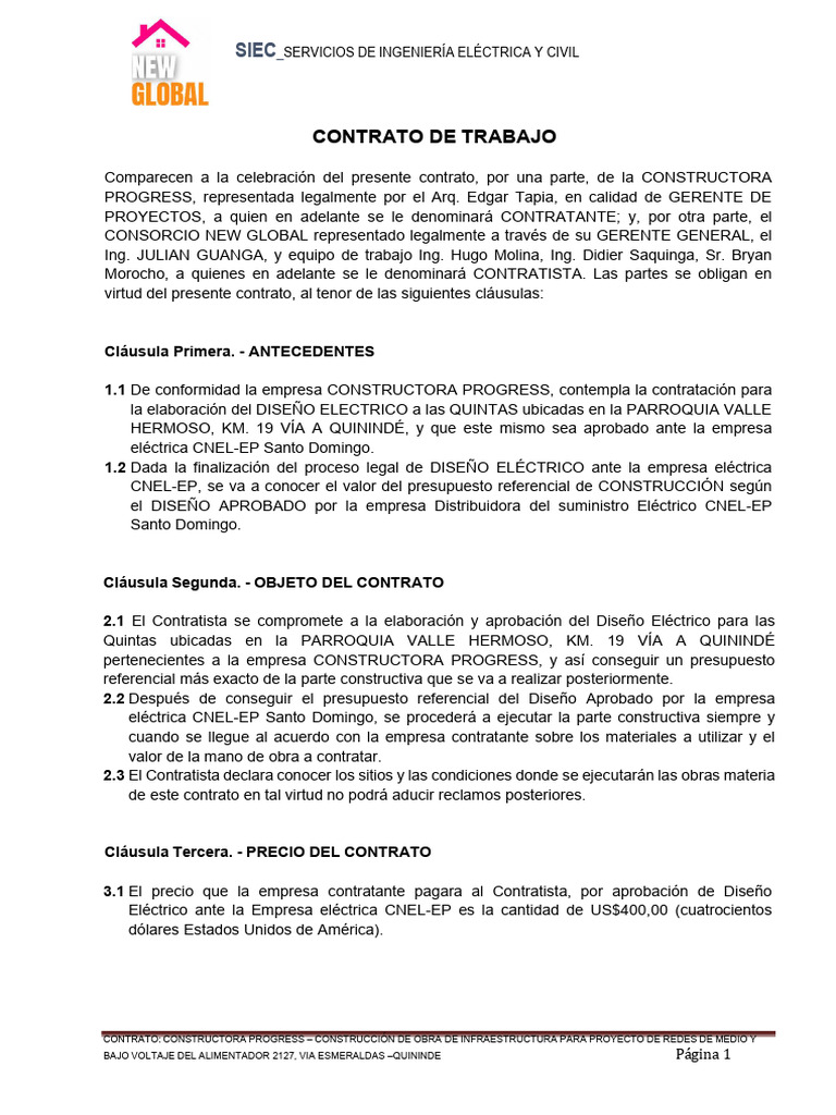 Contrato de Trabajo para Diseño Electrico A Empresa Constructora Progress | PDF