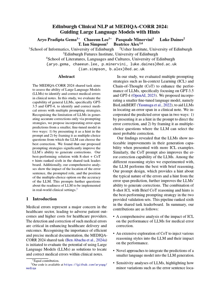 Edinburgh Clinical NLP at MEDIQA-CORR 2024: Guiding Large Language Models with Hints | PDF