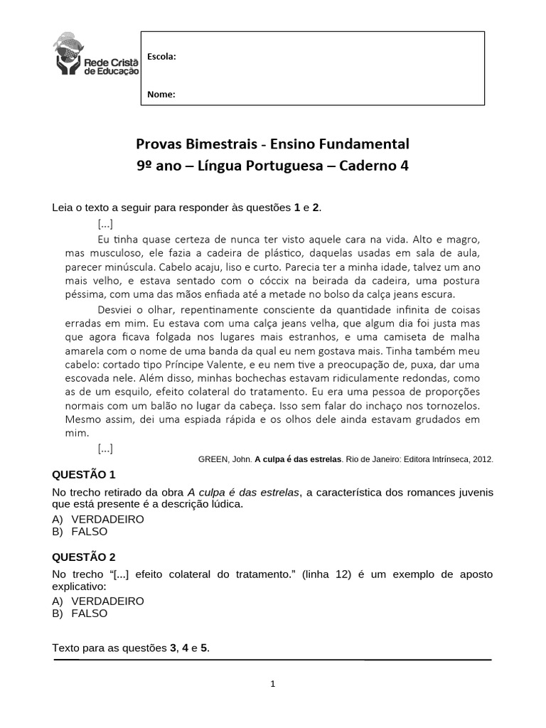 Língua Portuguesa - 9º Ano - Prova VÍCTOR ARIEL | PDF