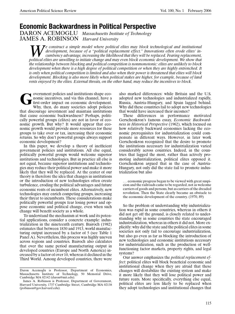 Acemoglu APSR Economic Backwardness in Political Perspective | PDF ...