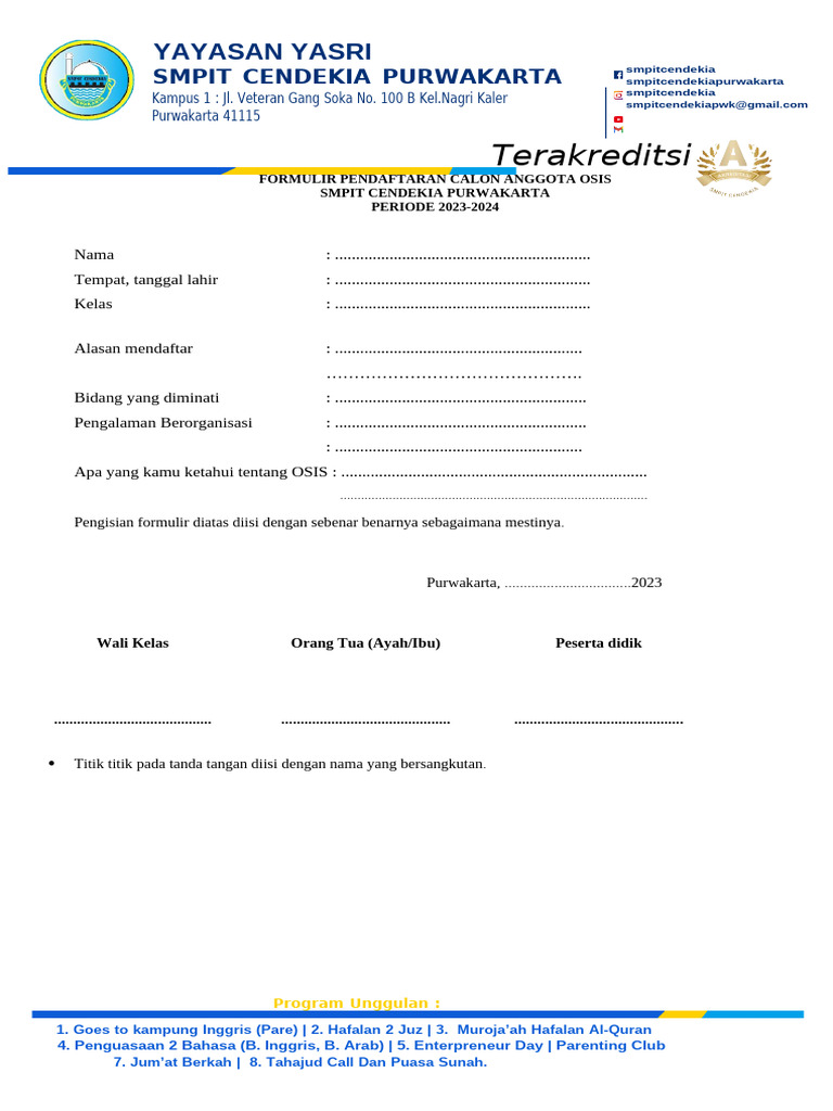 Formulir Pendaftaran Calon Anggota OSIS | PDF