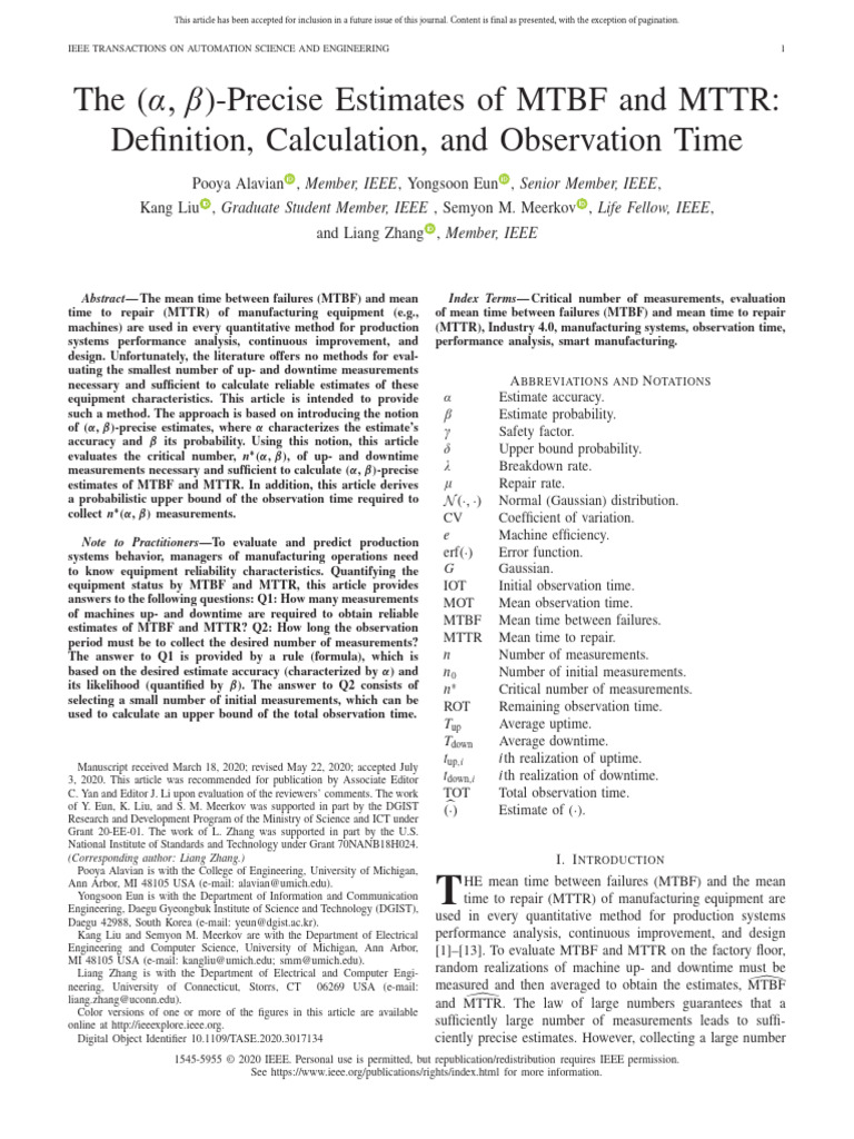 α, β) -Precise Estimates of MTBF and MTTR:: The (Definition ...