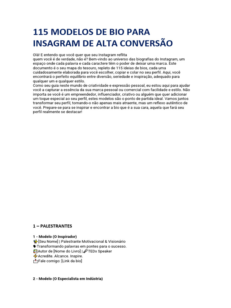 115 Modelos de Bio para Insagram de Alta Conversão: 1 - Palestrantes | PDF