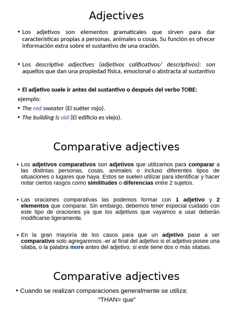 Adjectives: El Adjetivo Suele Ir Antes Del Sustantivo o Después Del ...