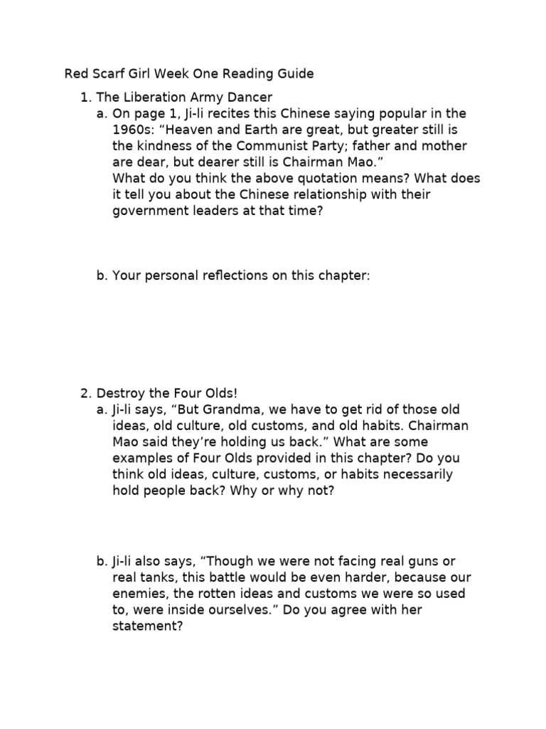 Red Scarf Girl Reading Journal Week One | PDF