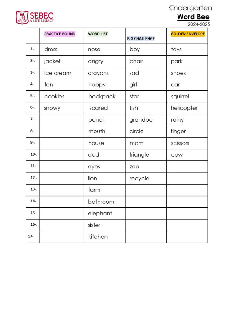 Kindergarten Word Bee Practice List | PDF