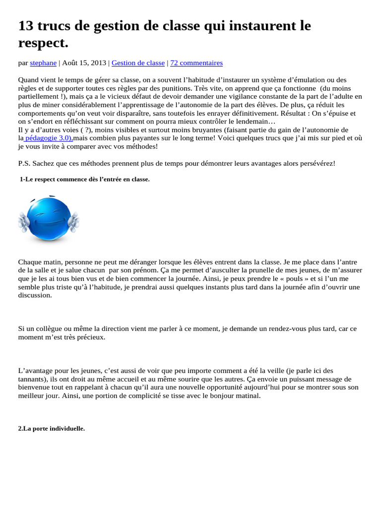 13 trucs de gestion de classe qui instaurent le respect | PDF