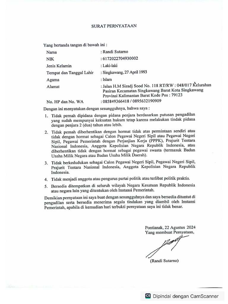 Surat Pernyataan 5 Poin Randi Sutarno Satpol PP | PDF