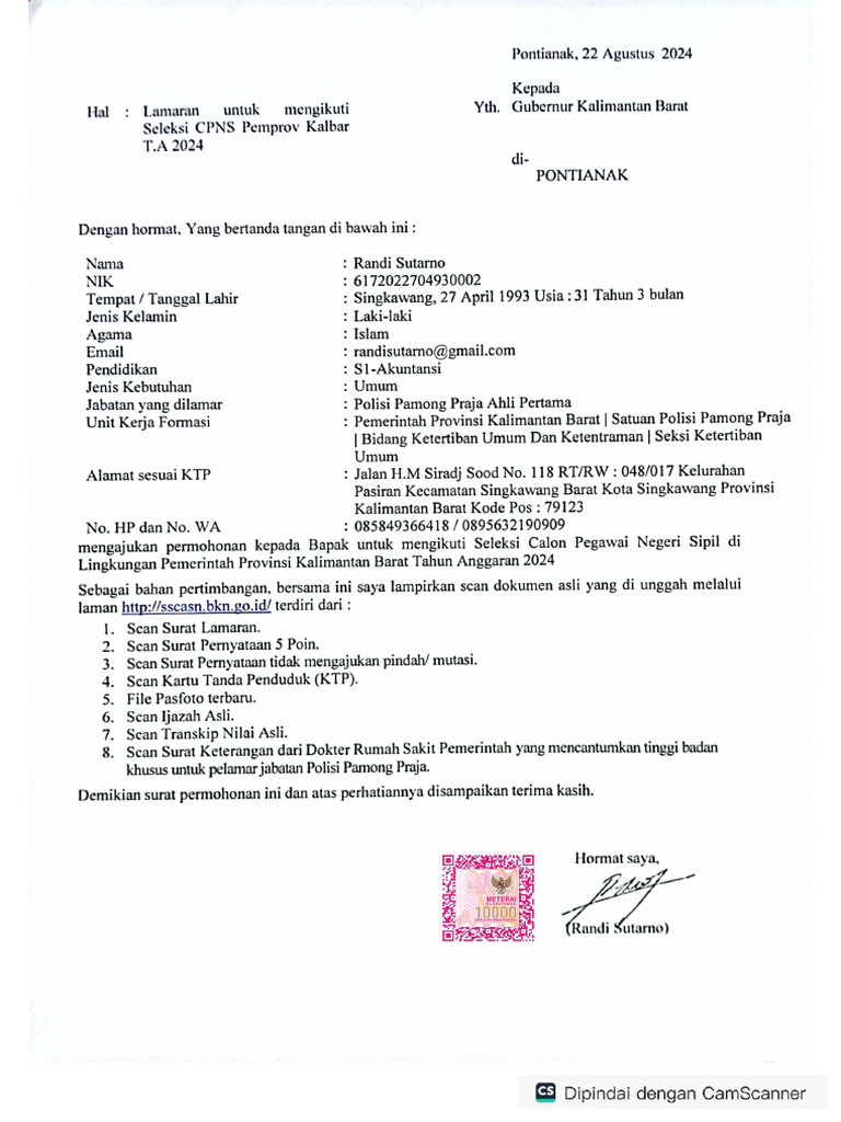 Surat Lamaran Randi Sutarno | PDF