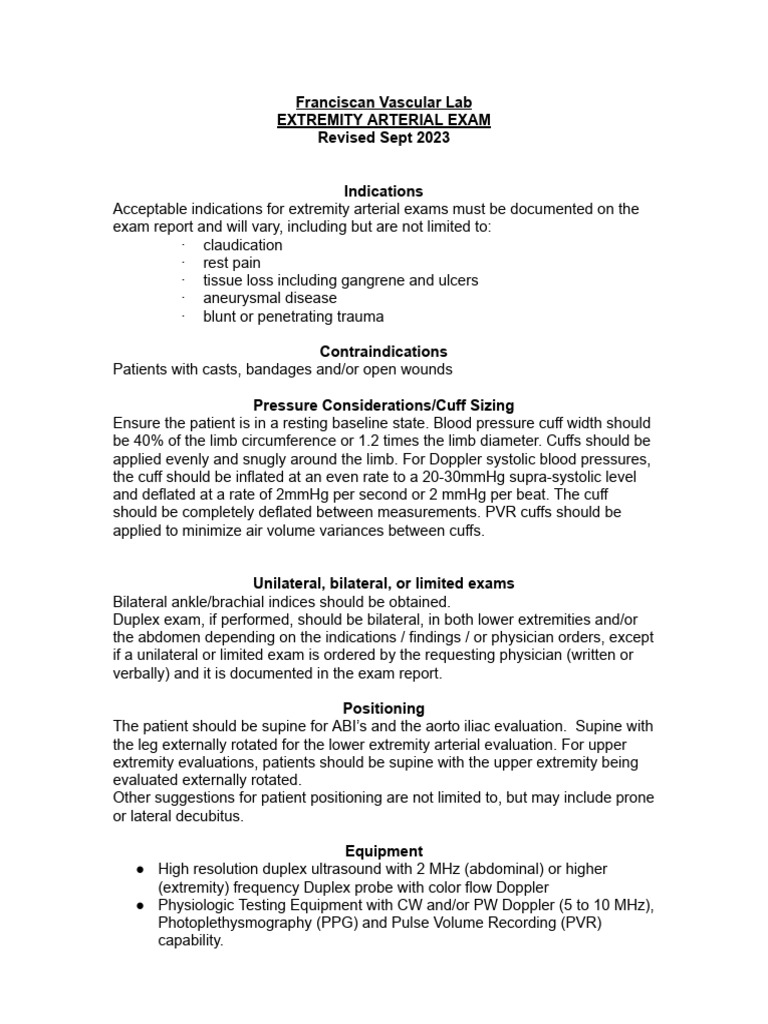ARTERIAL EXTREMITY Exam Protocol | PDF