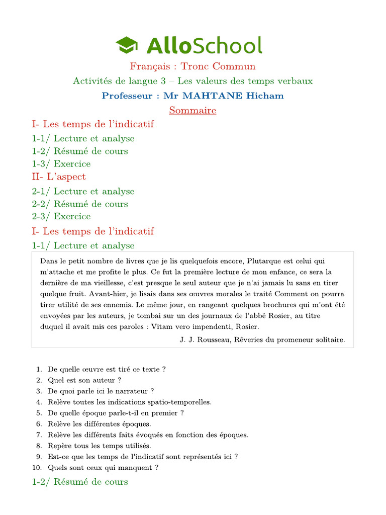 Activites de Langue 3 Les Valeurs Des Temps Verbaux 4 | PDF