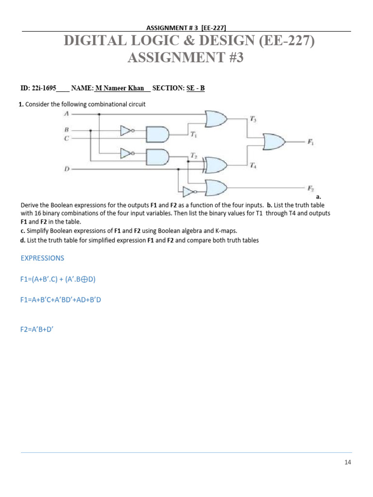 Digital Logic & Design (Ee-227) Assignment #3 | PDF