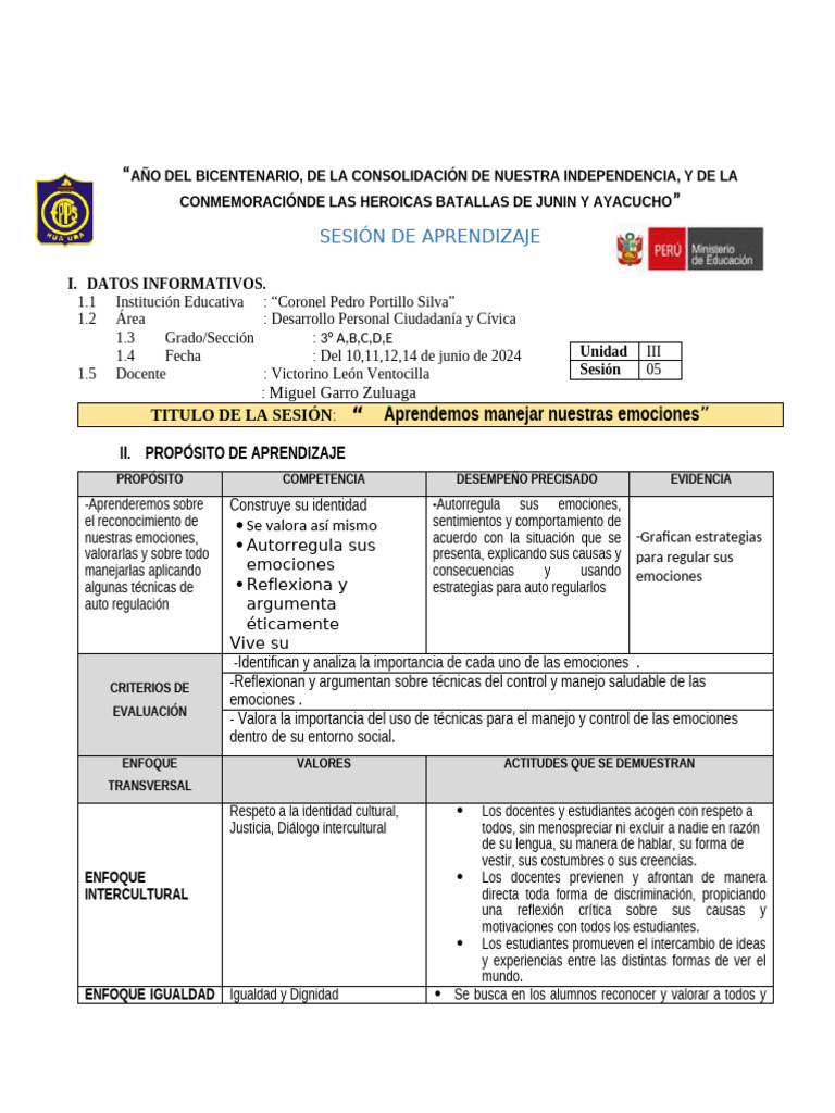 Sesion 5 Las Emociones-Dpcc-3ro Garro | PDF