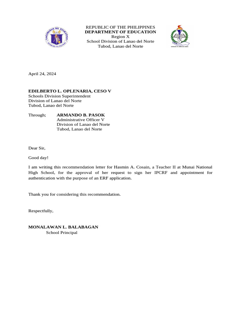 Recommendation Letter For Authentication | PDF