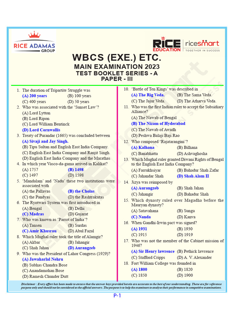 Wbcs 2023 Main - Paper Iii - Answers | PDF