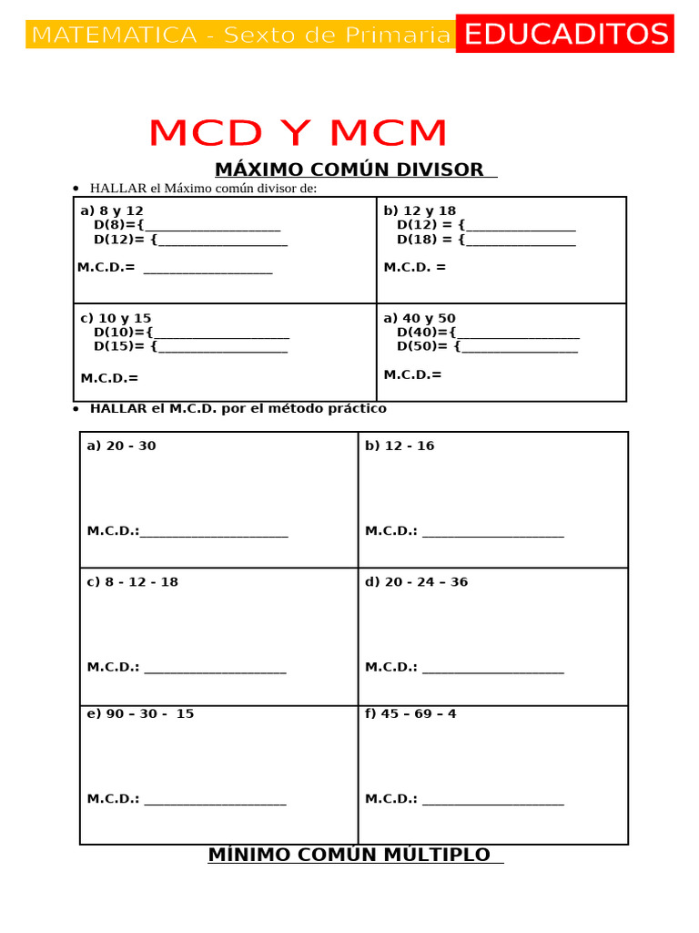 MCD-y-MCM-para-Sexto-Grado-de-Primaria Ficha 6to Grado | PDF