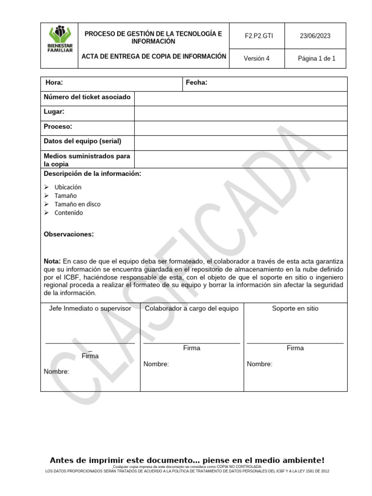 F2.p2.gti Formato Acta de Entrega de Copia de Informacion v4 | PDF