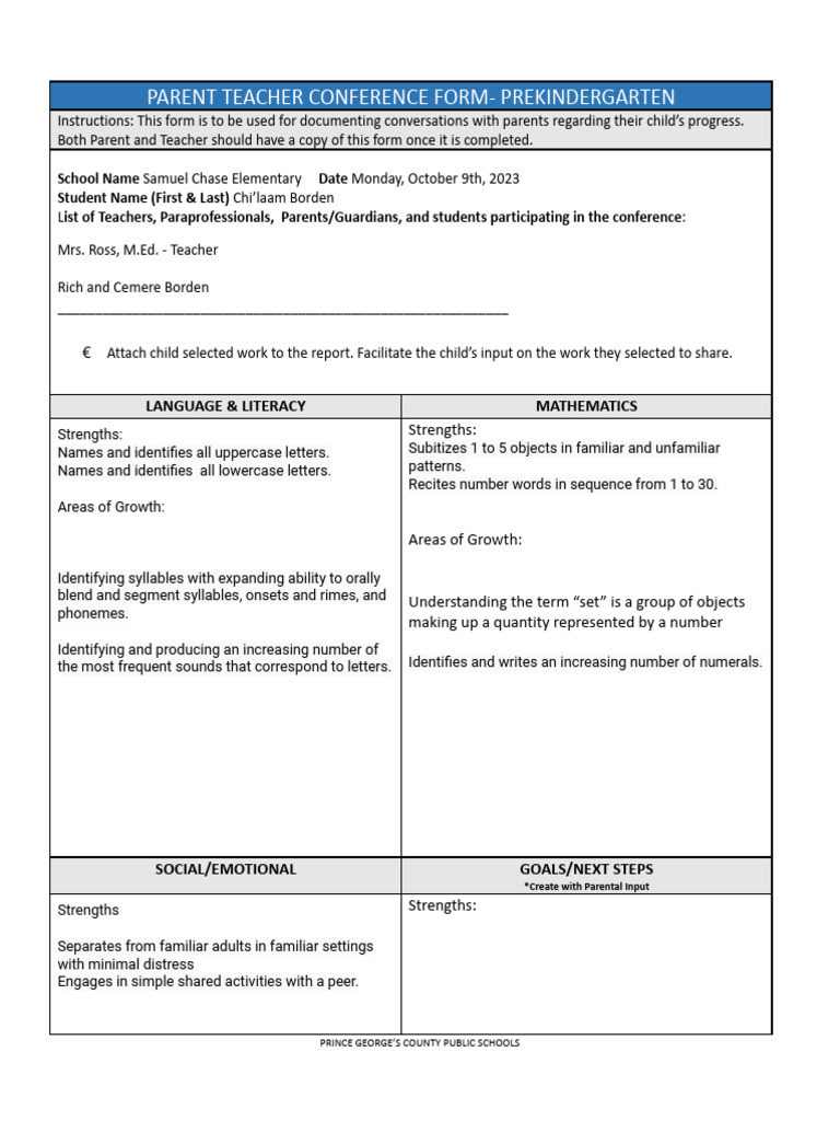 (A) Chi' Laam Borden Prekindergarten Parent Teacher Conference Form | PDF