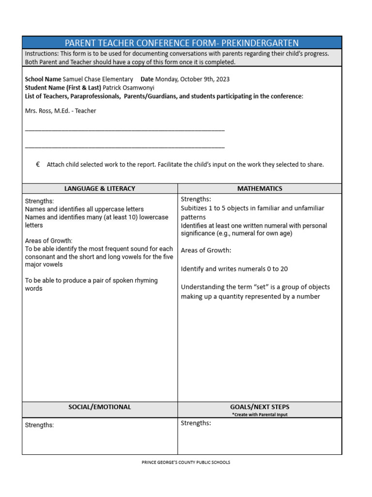 Patrick Osamwonyi Prekindergarten Parent Teacher Conference Form | PDF
