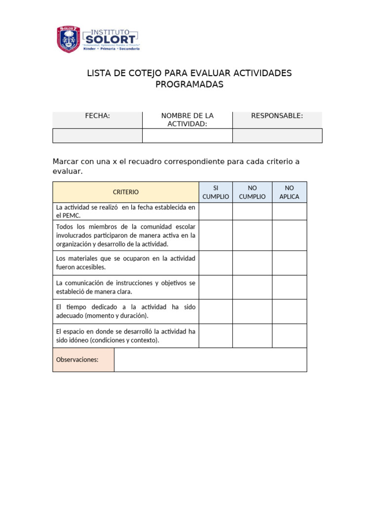Lista de Cotejo para Evaluar Actividades Programadas | PDF