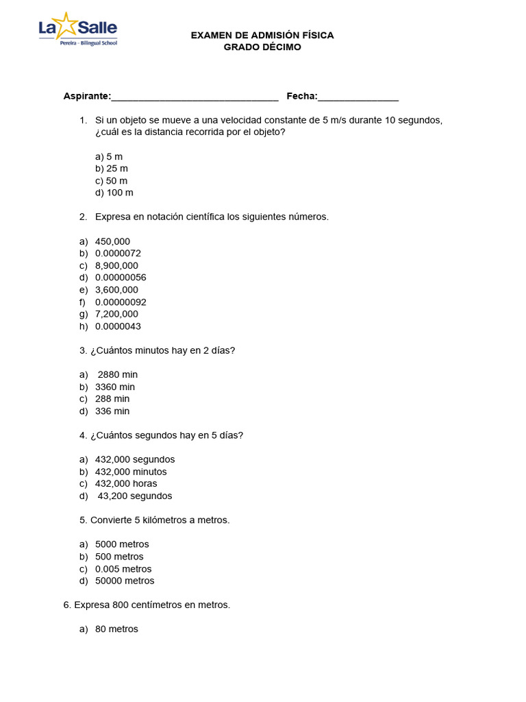 Examen de Admisión Física Grado Décimo | PDF
