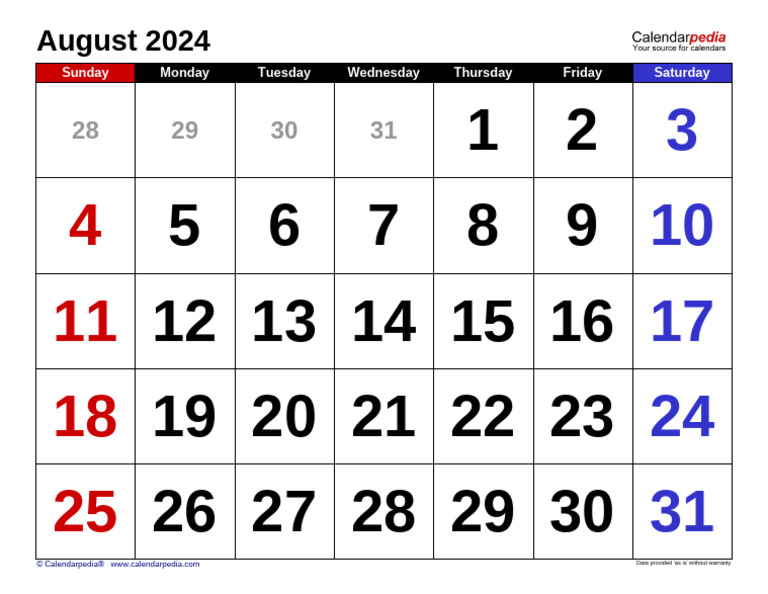 August 2024 Calendar Landscape Large Numerals | PDF