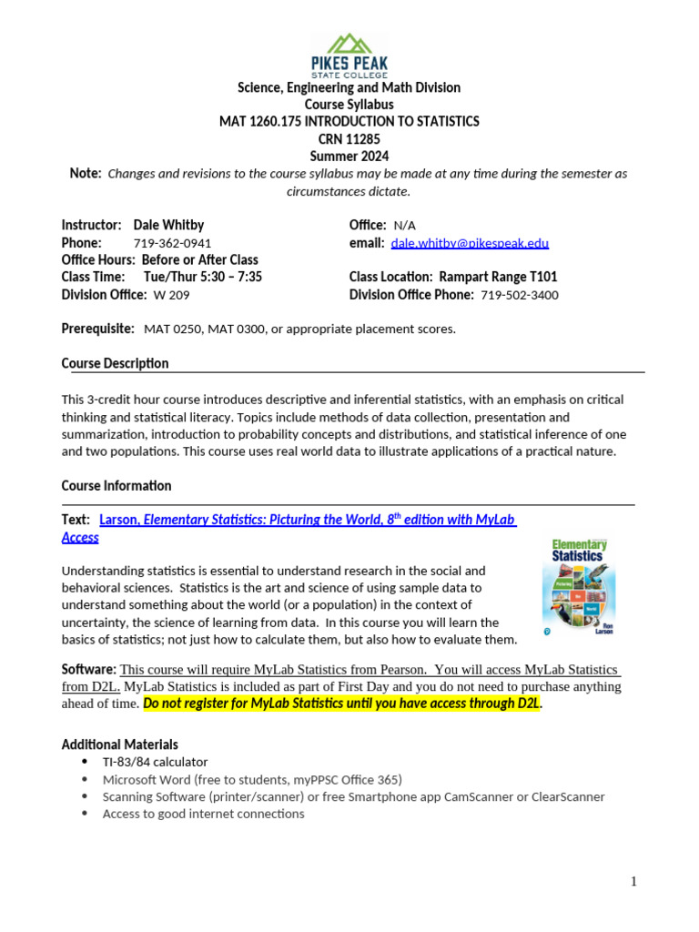 Whitby MAT 1260 Course Syllabus SU24 | PDF