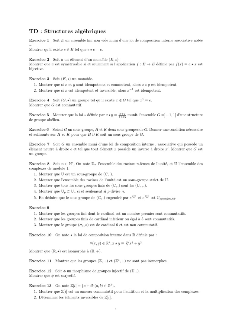 Exercices sur les structures algébriques | PDF | Groupe (Mathématiques ...