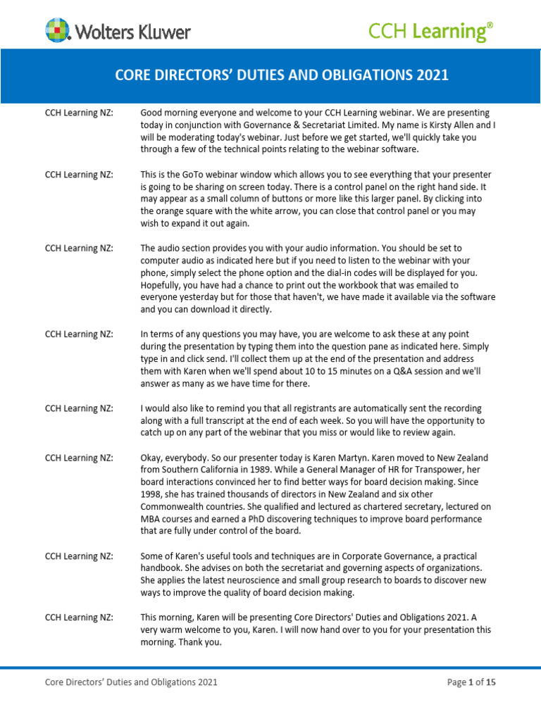 Core Directors Duties 2021 (Transcript) | PDF