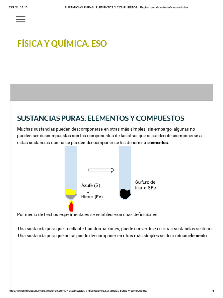 SUSTANCIAS PURAS. ELEMENTOS Y COMPUESTOS - Página Web de Antoniofisicayquimica | PDF