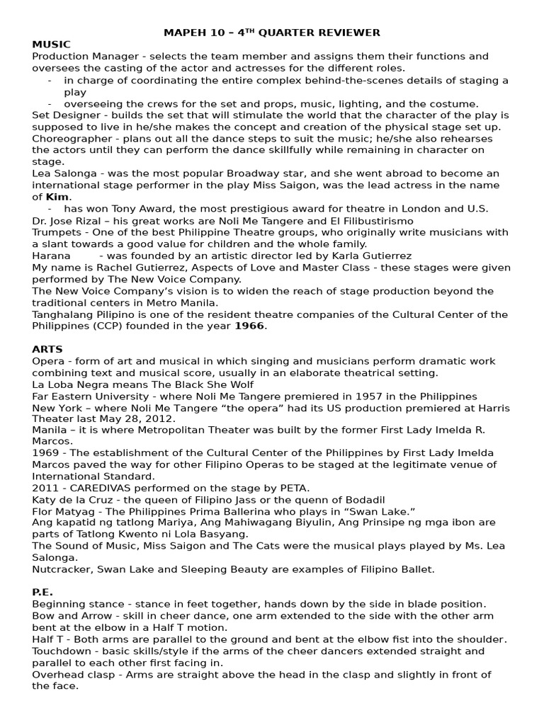 MAPEH-10-Reviewer-4thQuarter | PDF