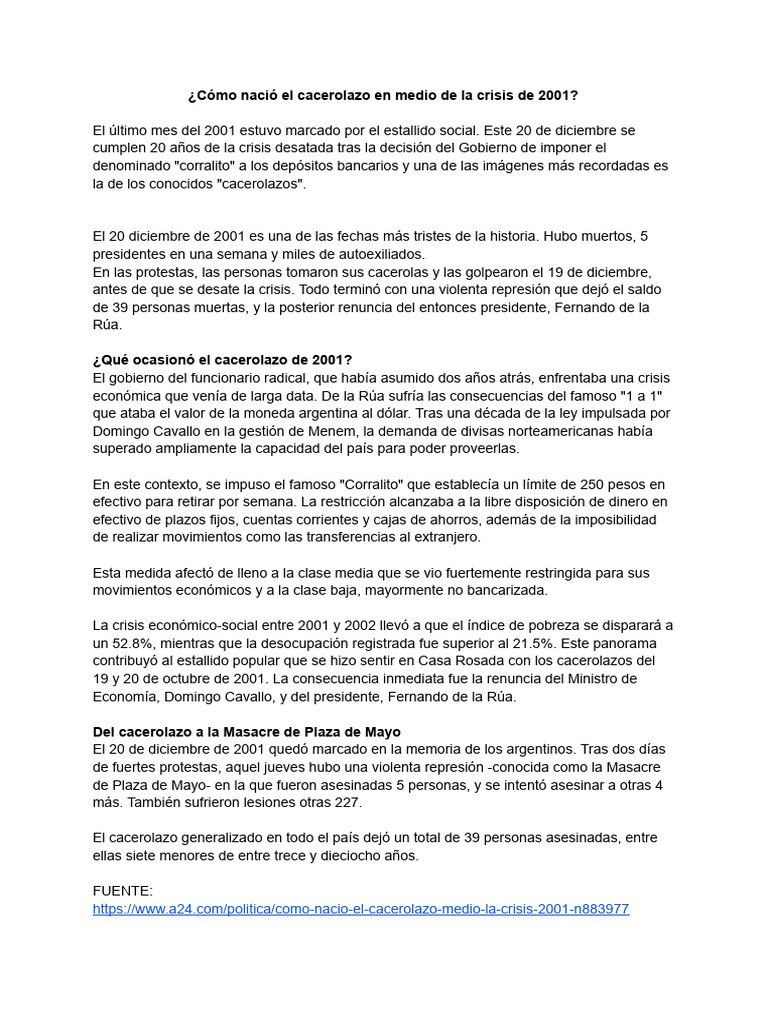 ¿Cómo Nació El Cacerolazo en Medio de La Crisis de 2001 | PDF