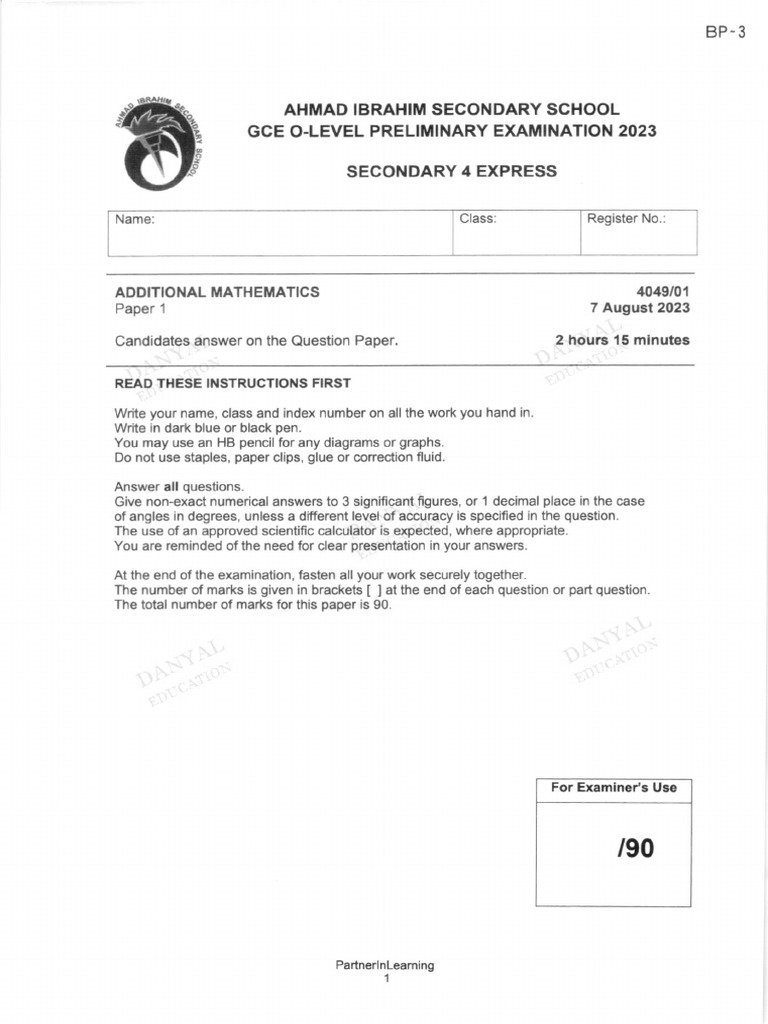 Ahmad Ibrahim Secondary A Math Prelim 2023 | PDF