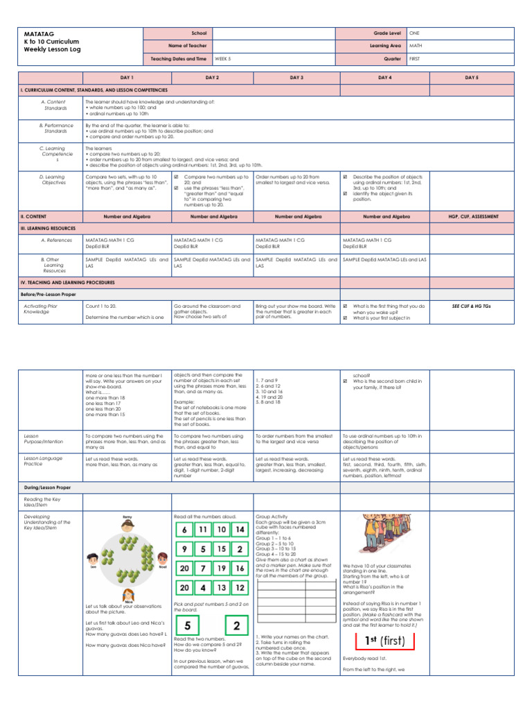 W5 Q1 Math1 Matatag DLL | PDF | Curriculum | Learning