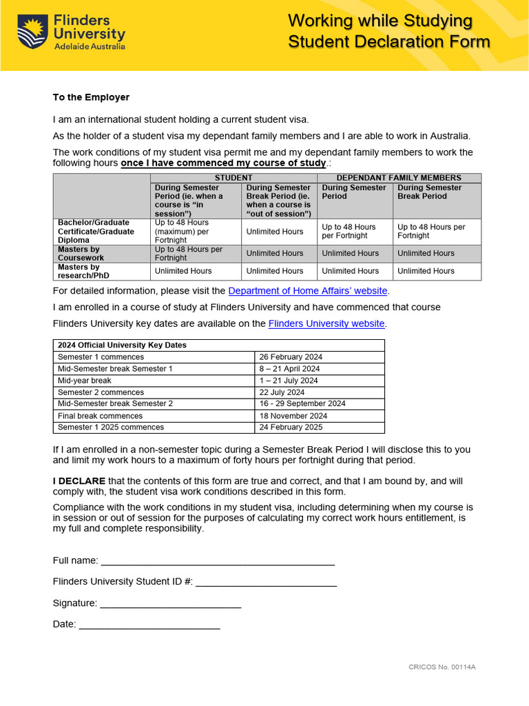 Working While Studying - Student Declaration Form | PDF