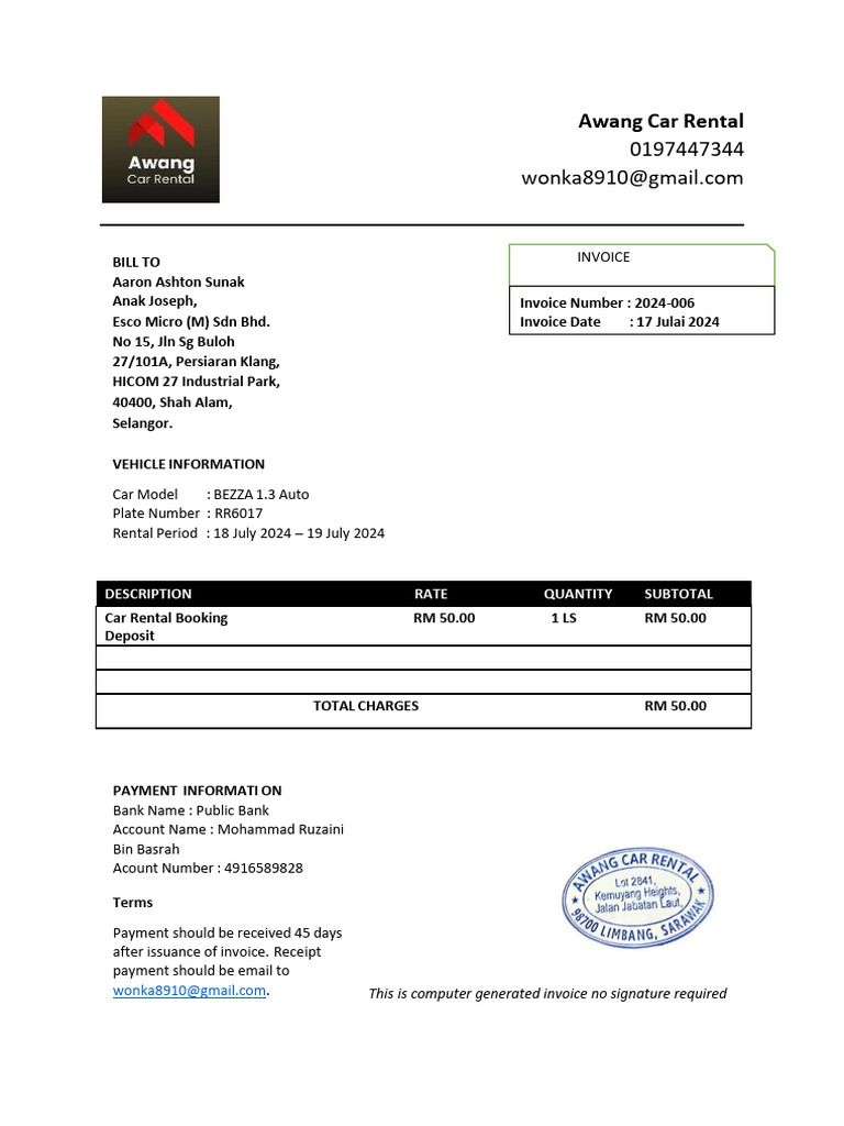 Invoice Kereta Esco Micro Deposit Invoice | PDF