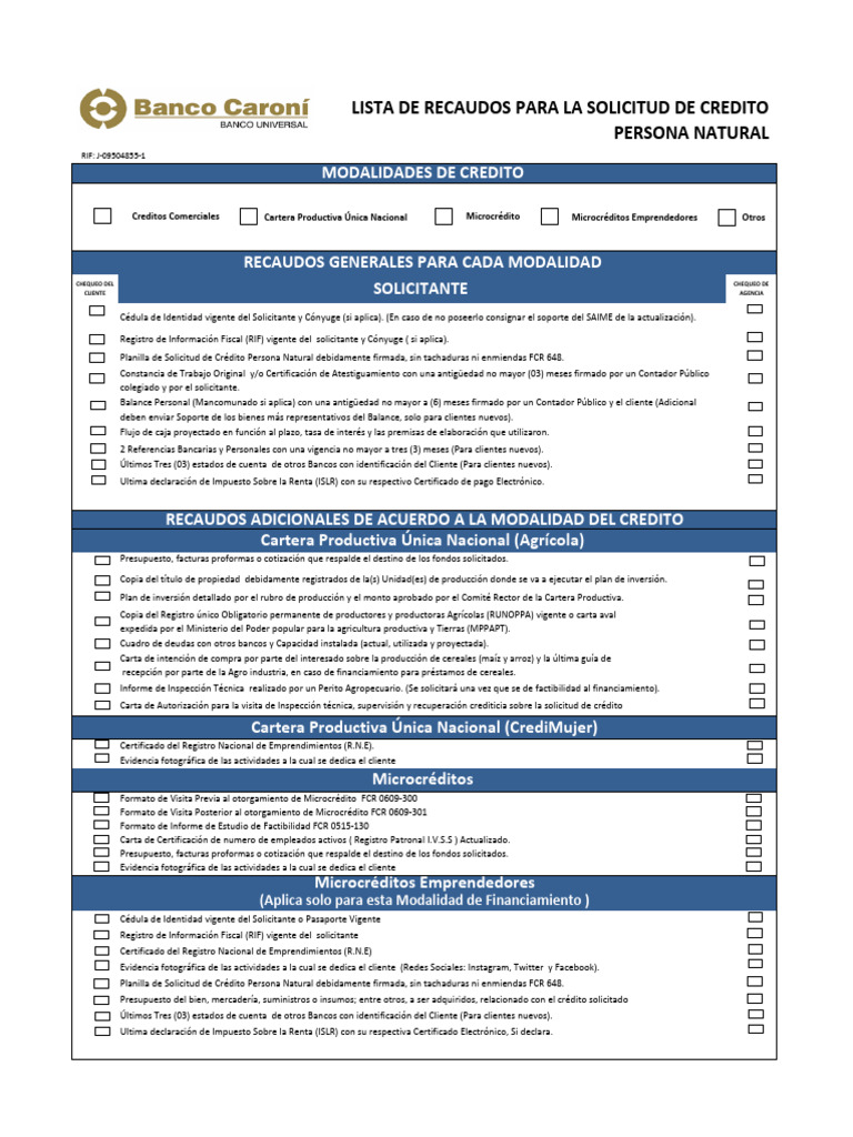 Lista de Recaudos para La Solicitud de Credito Persona Natural | PDF