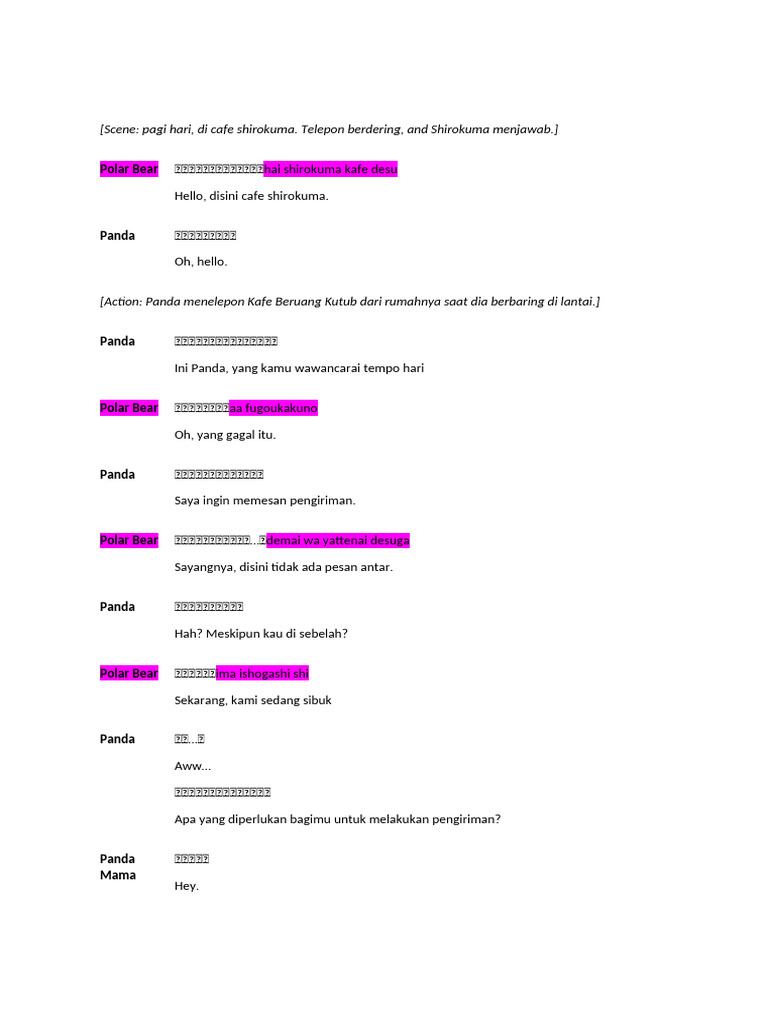 Transkrip Shirokuma Cafe Ep. 1 Romaji Kaiwa | PDF
