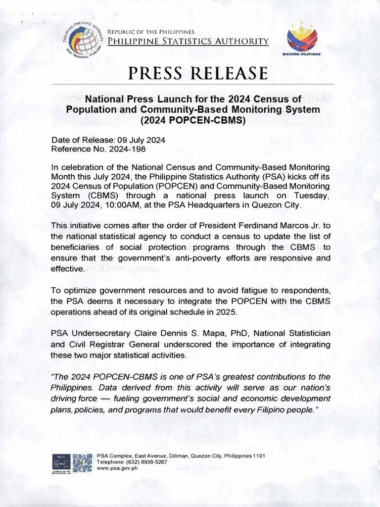 Press Release - National Press Launch For The 2024 POPCEN-CBMS | PDF