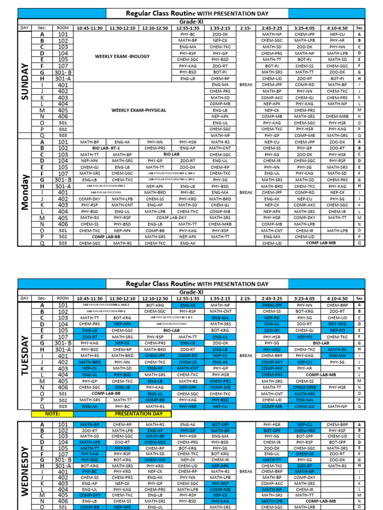 Class Routine With Presentation Day-Xi | PDF