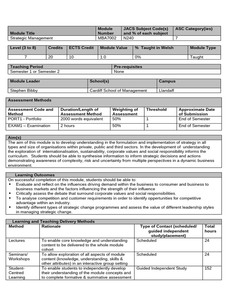MBA7002 Strategic Management - Module Descriptor | PDF