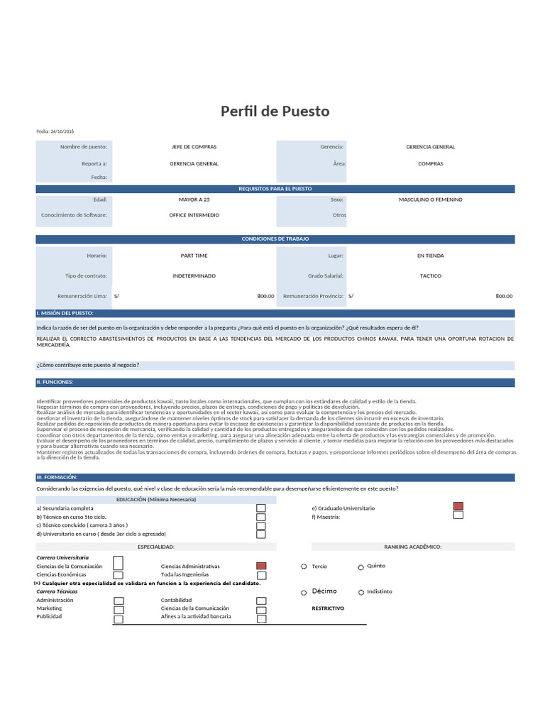 Ficha de Perfil de Puesto COMPRAS | PDF