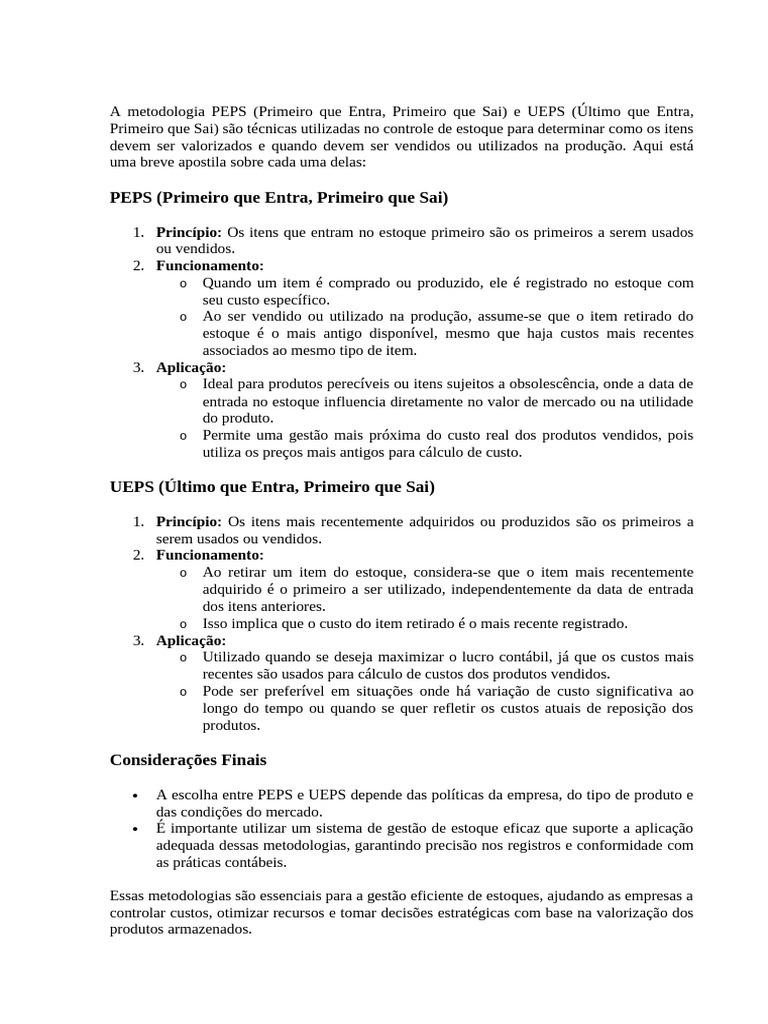 A Metodologia PEPS | PDF | Despesa | Contabilidade