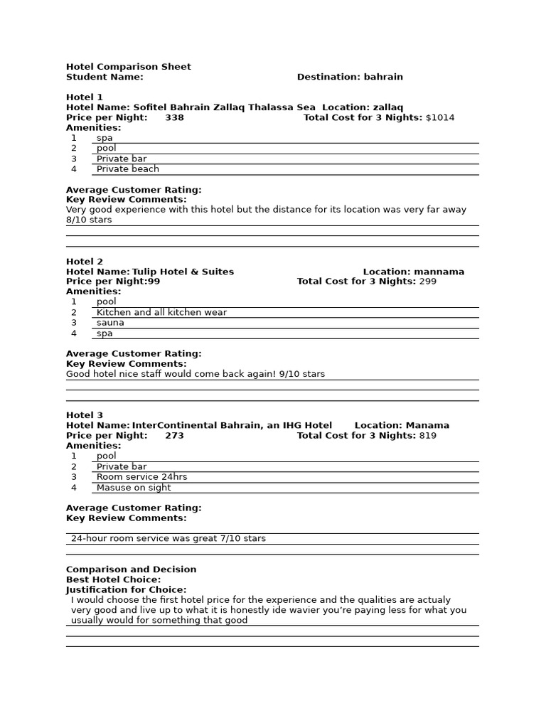 Hotel Comparison Sheet | PDF