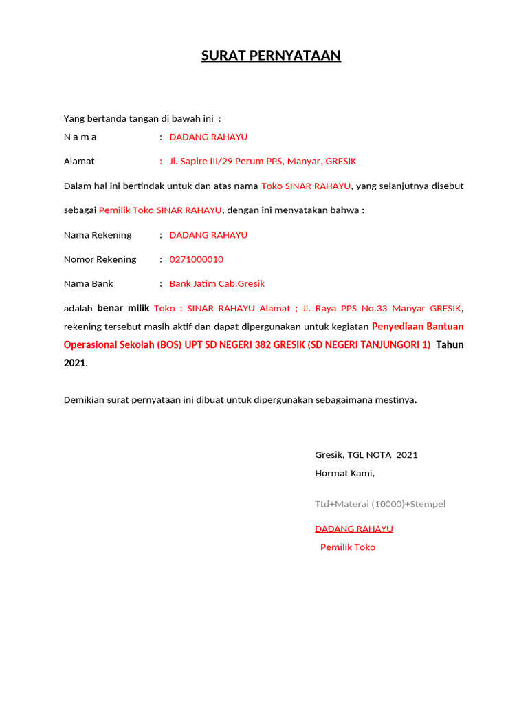 SURAT PERNYATAAN Rek Bank | PDF