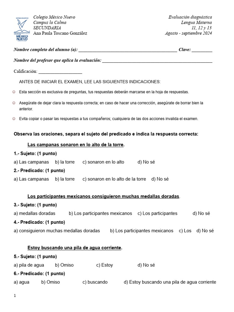 Examen Diagnóstico Español 1 Grado ALUMNOS | PDF